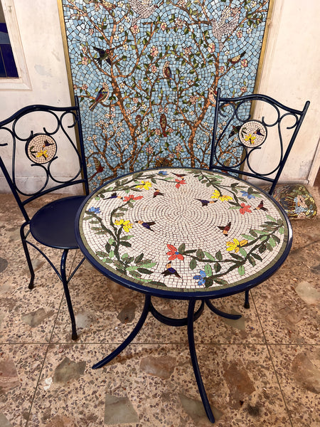 Wrought Iron humming bird Mosaic Patio table with faux leather upholst ...